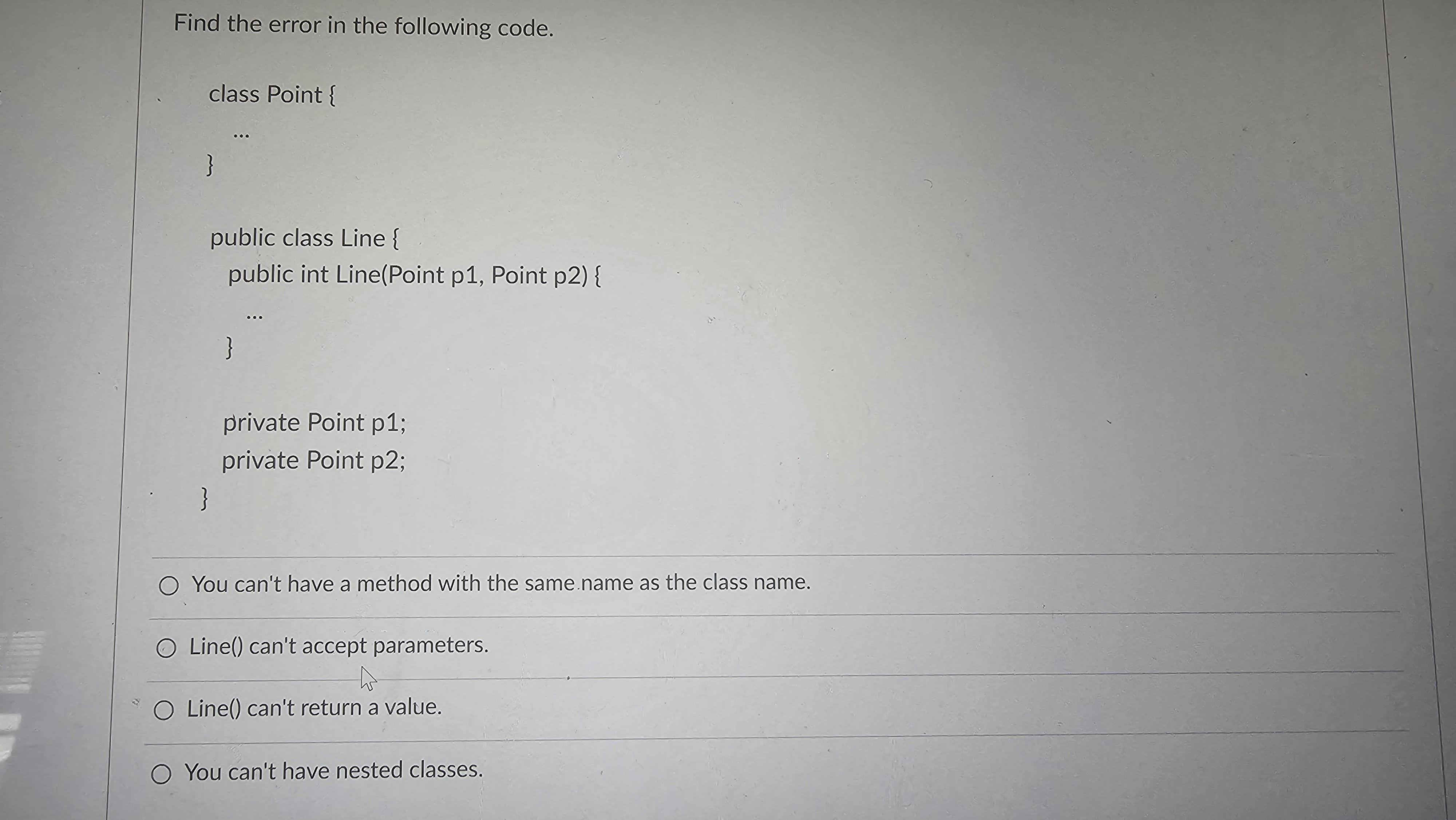 Solved Find the error in the following code. class Point \{ | Chegg.com