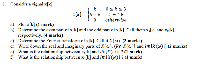 Solved 1. Consider a signal x[k] x[k]=⎩⎨⎧k6−k00≤k≤3k=4,5 | Chegg.com