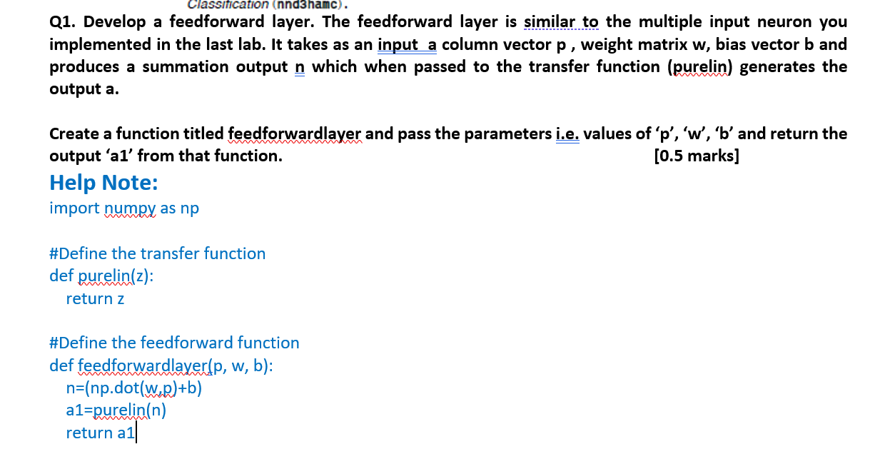 Solved Q1. Develop a feedforward layer. The feedforward | Chegg.com