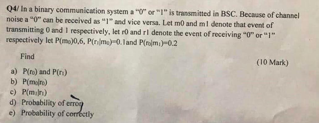 Solved Q4 In A Binary Communication System A 0 Or 1 2970