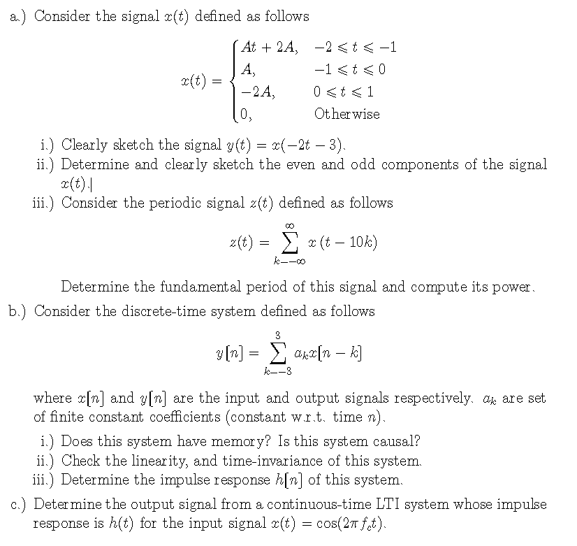 Solved a.) Consider the signal x(t) defined as follows x(t) | Chegg.com