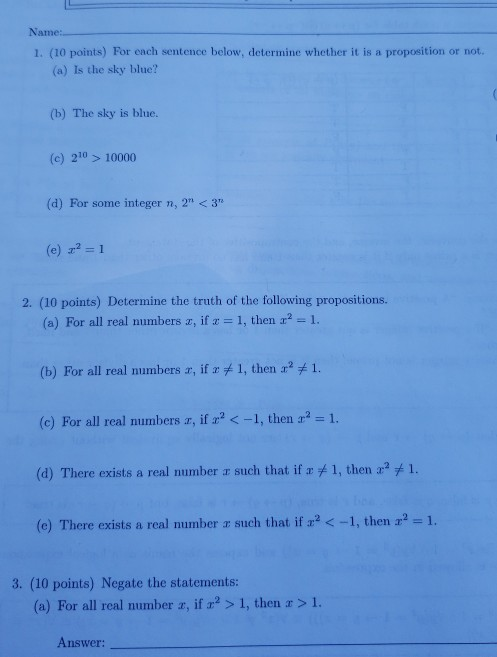 Solved Name: 1. (10 points) For ench sentence below, | Chegg.com