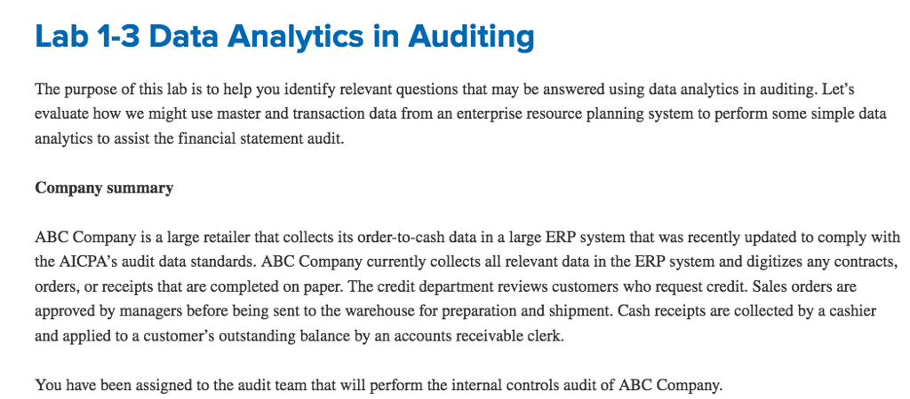 Solved Lab 1-3 Data Analytics in Auditing The purpose of | Chegg.com