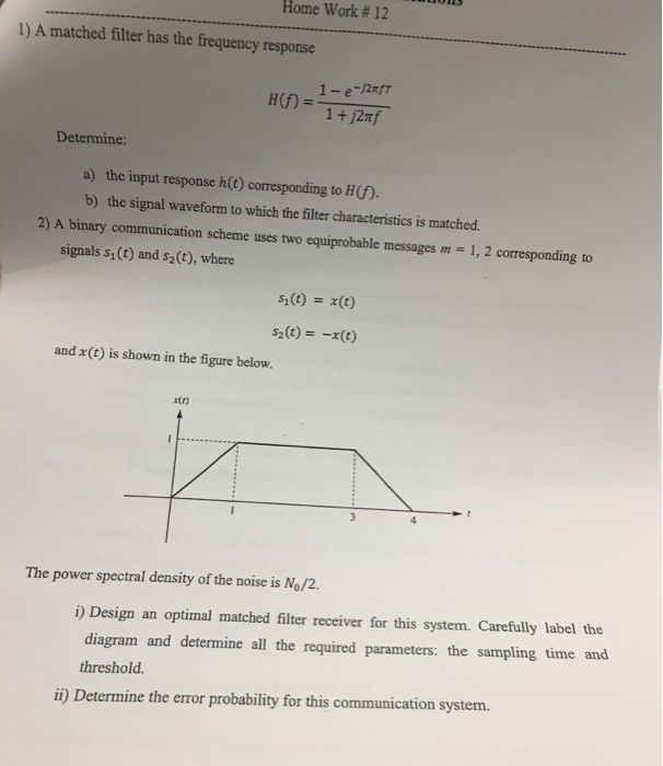 Solved Homework # 12 1) A matched filter has the frequency | Chegg.com