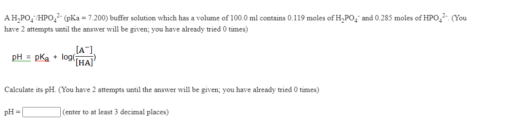 Solved AH2PO4/HPO42- (pKa = 7.200) buffer solution which has | Chegg.com