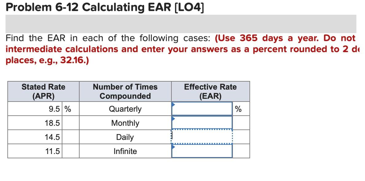 Solved Problem 6-12 Calculating EAR CLO4] Find the EAR in | Chegg.com