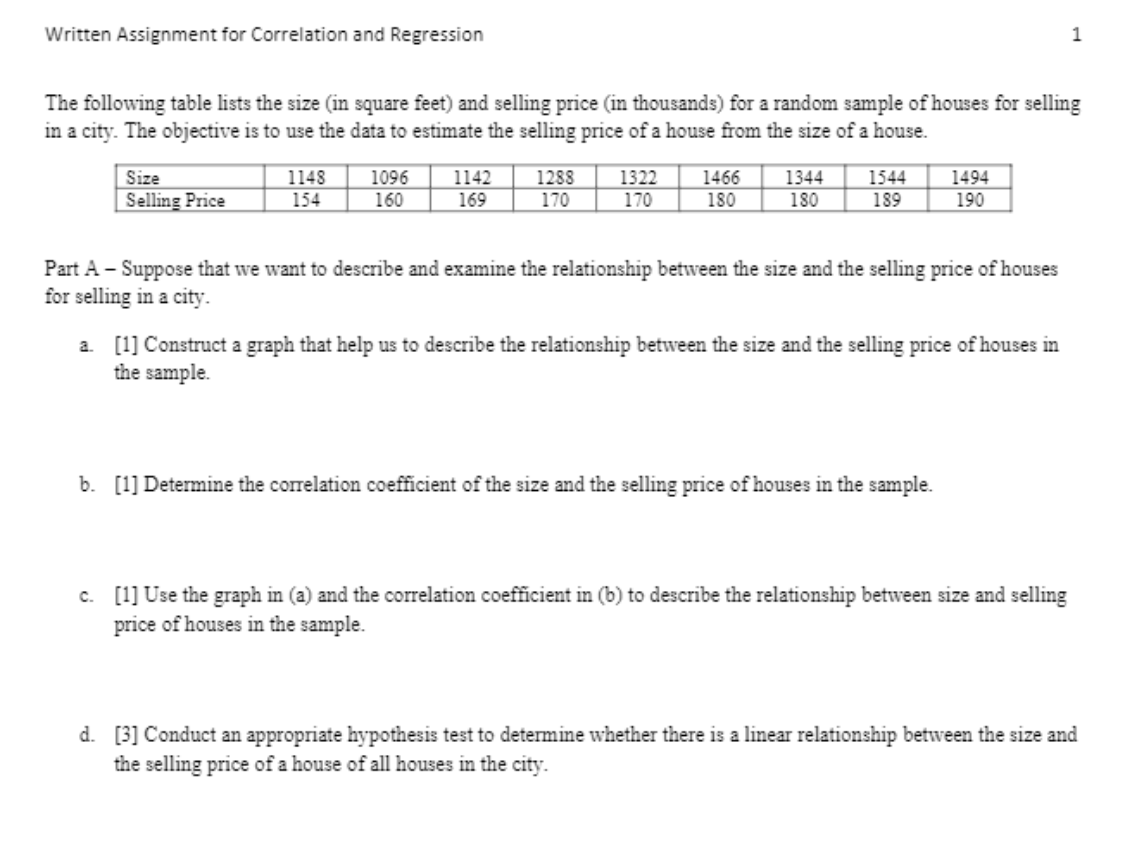 Solved Written Assignment for Correlation and Regression 1 | Chegg.com