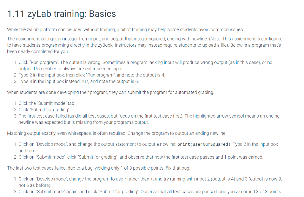 Solved 1.11 zyLab training: Basics While the zyLab platform | Chegg.com