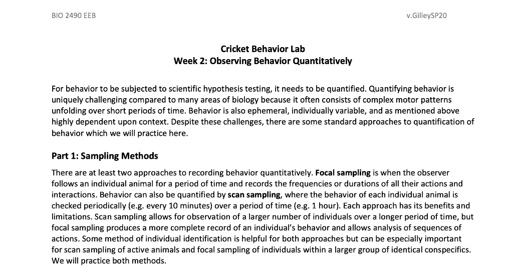 BIO 2490 EEB v.GilleySP20 Cricket Behavior Lab Week | Chegg.com