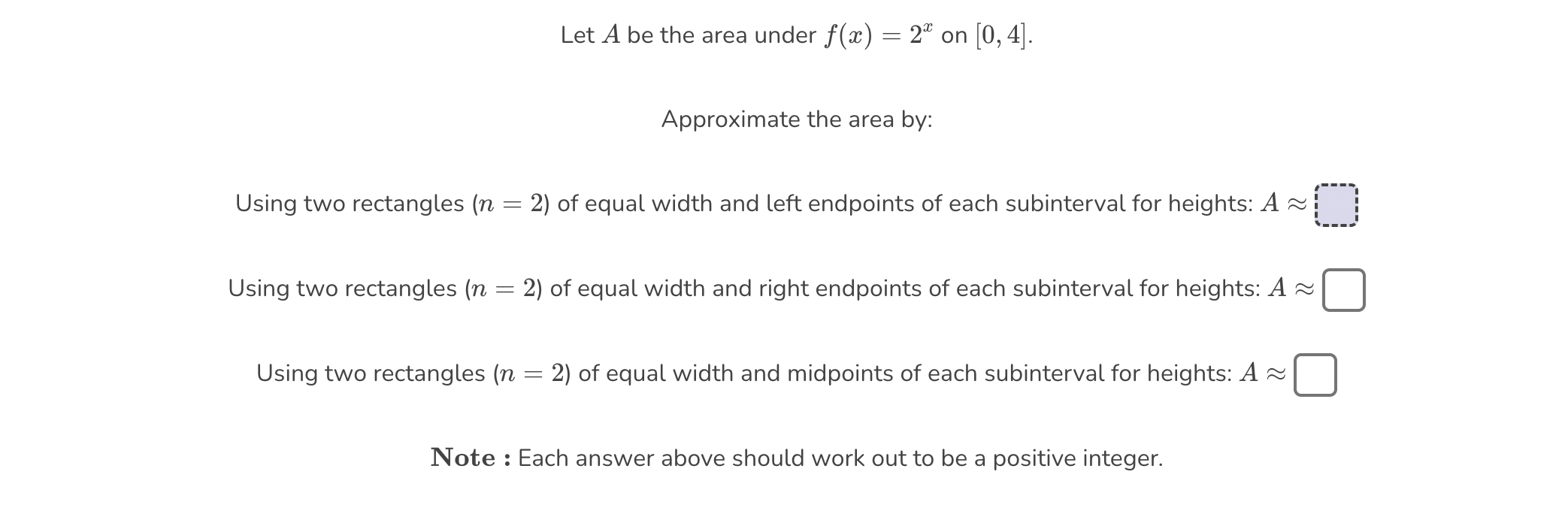 Solved Let A be the area under f(x)=2x on [0,4]. Approximate | Chegg.com
