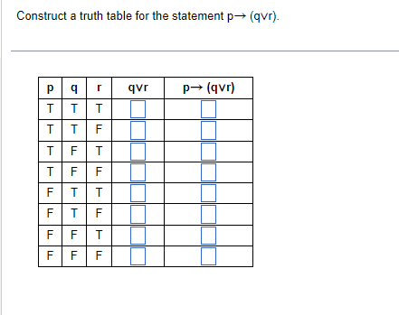 Solved Construct a truth table for the statement p→(q∨r) | Chegg.com