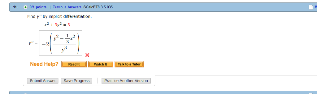 Solved 11. 0/1 points | Previous Answers SCalcET8 3.5.035 | Chegg.com