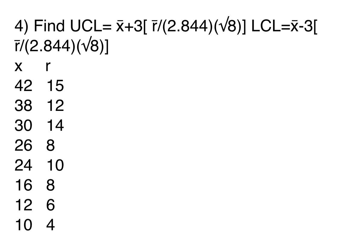 Solved 4) Find UCL= X+3[ 7/(2.844)(V8)] LCL=7-3[ | Chegg.com