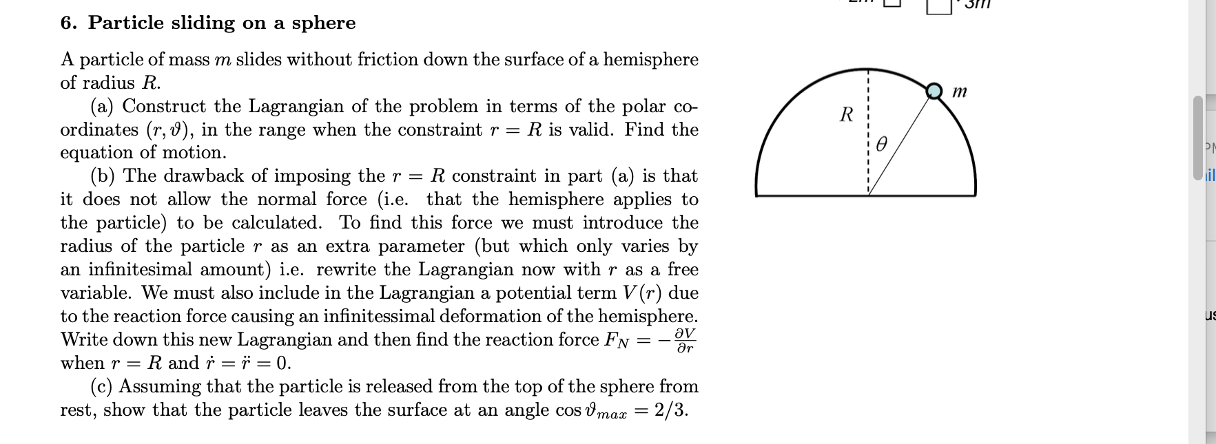 Solved 31. 6. Particle sliding on a sphere m R PN lil A | Chegg.com