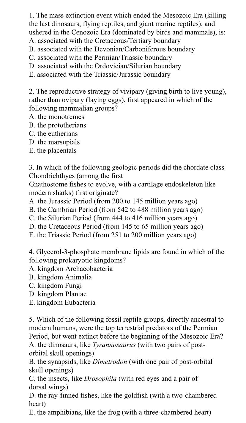 Solved 1. The mass extinction event which ended the Mesozoic | Chegg.com