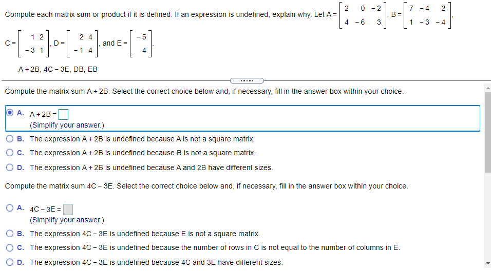 Solved 2 -2 7 -4 2 Compute each matrix sum or product if it | Chegg.com