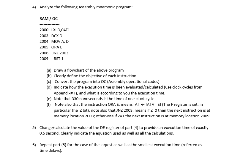 4) Analyze the following Assembly mnemonic program: | Chegg.com