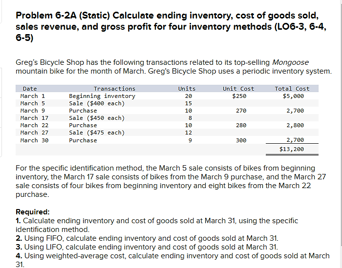 Solved Problem 6-2A (Static) Calculate ending inventory, | Chegg.com