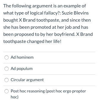 Solved The following argument is an example of what type of | Chegg.com