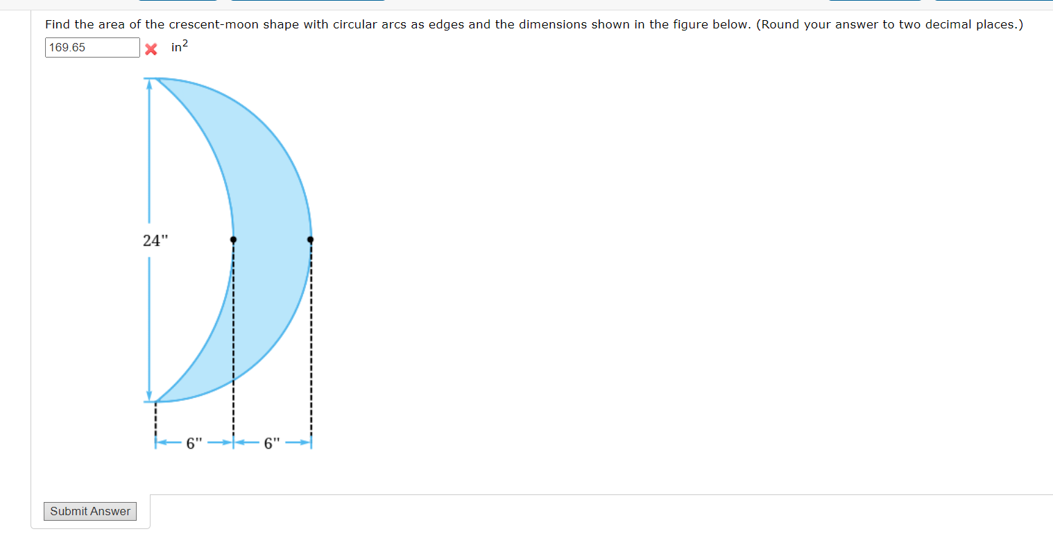 Solved Find the area of the crescent-moon shape with | Chegg.com
