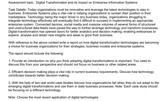 Solved Assessment topic: Digital Transformation and its | Chegg.com