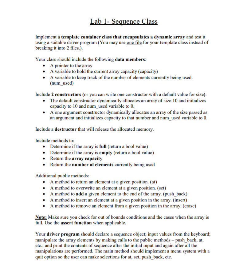 Lab 1- Sequence Class Implement a template container | Chegg.com Lab 1- Sequence Class Implement a template container | Chegg.com