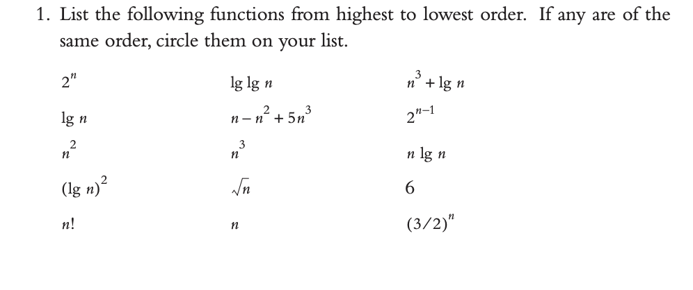 Solved 1. List the following functions from highest to | Chegg.com