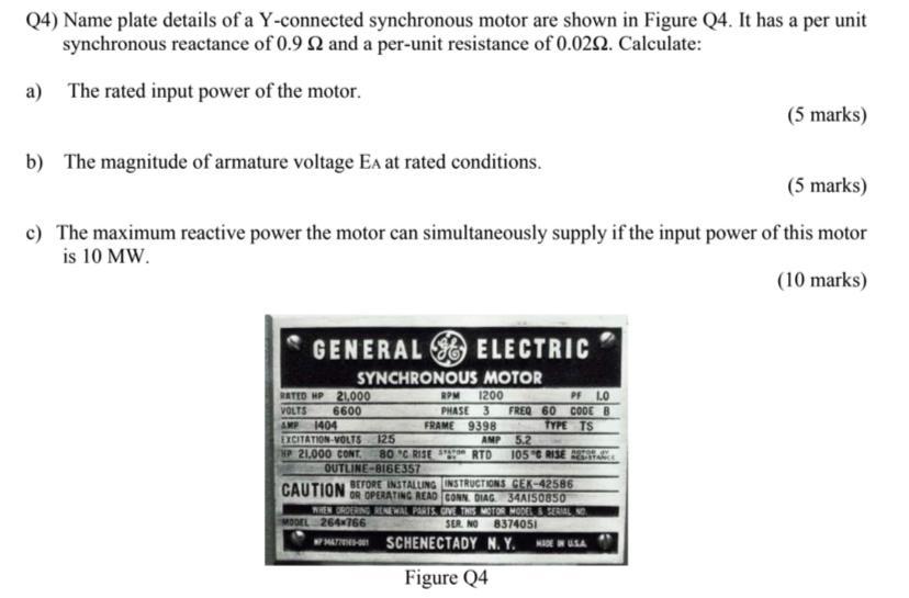 Solved Q4) Name plate details of a Y-connected synchronous | Chegg.com
