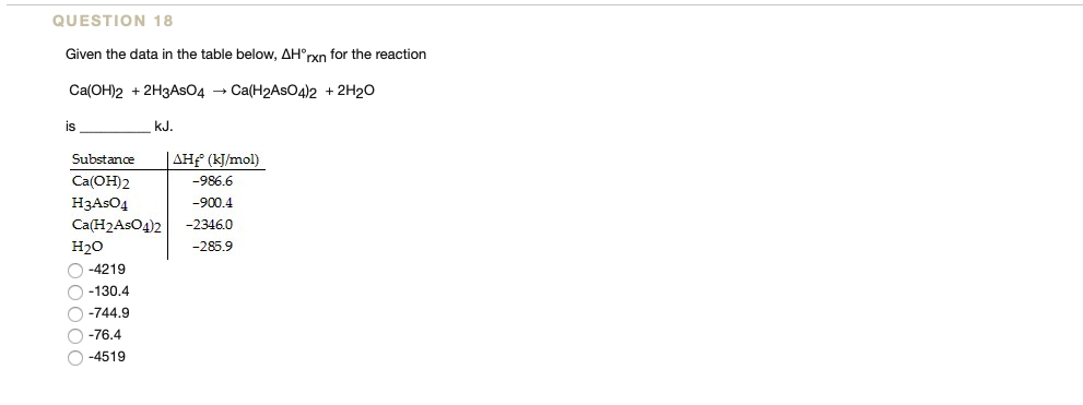 Solved QUESTION 18 Given the data in the table below, AH rxn | Chegg.com
