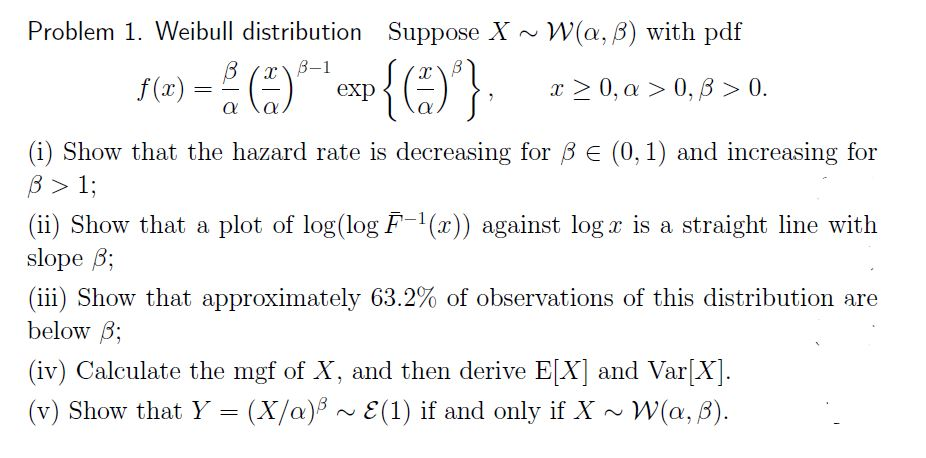 Problem 1. Weibull distribution Suppose X ~W(a,b) | Chegg.com