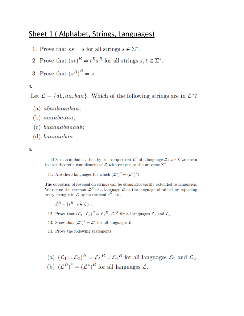 Solved Sheet 1 ( Alphabet, Strings, Languages) 1. Prove that | Chegg.com