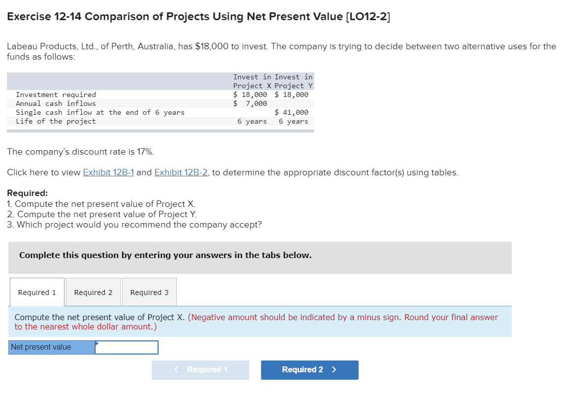Solved Exercise 12-14 Comparison of Projects Using Net | Chegg.com
