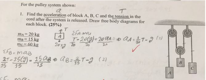 Solved For the pulley system shown: Find the acceleration of | Chegg.com