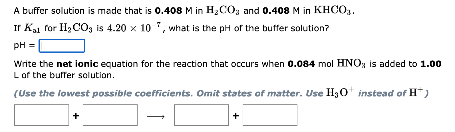 Solved A buffer solution is made that is 0.408 M in H2CO3 | Chegg.com
