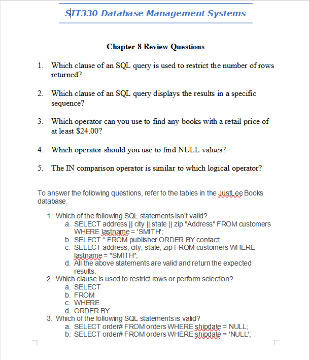 Solved Chapter 8 Review Questions 1. Which clause of an SQL | Chegg.com