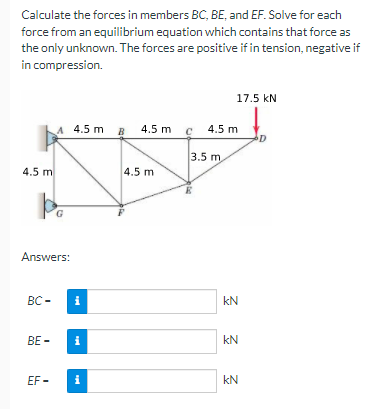 Solved Calculate the forces in members BC, BE, and EF. Solve | Chegg.com