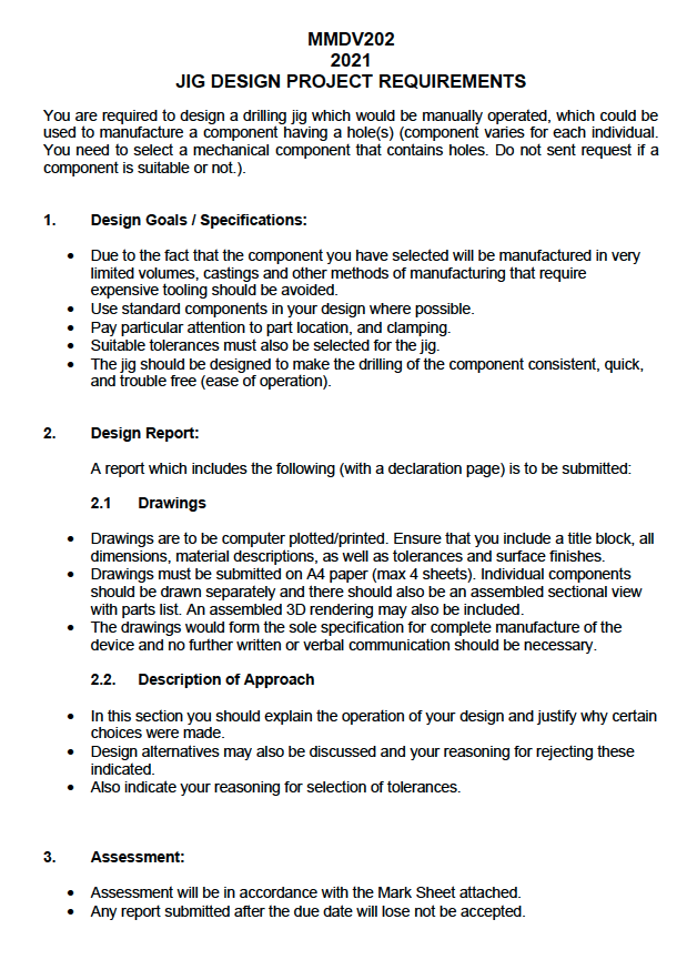 MMDV202 2021 JIG DESIGN PROJECT REQUIREMENTS You are | Chegg.com