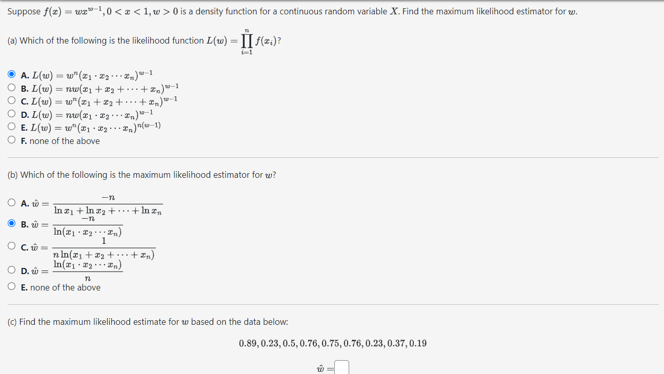 Solved Suppose f(x)=wxw−1,00 is a density function for a | Chegg.com