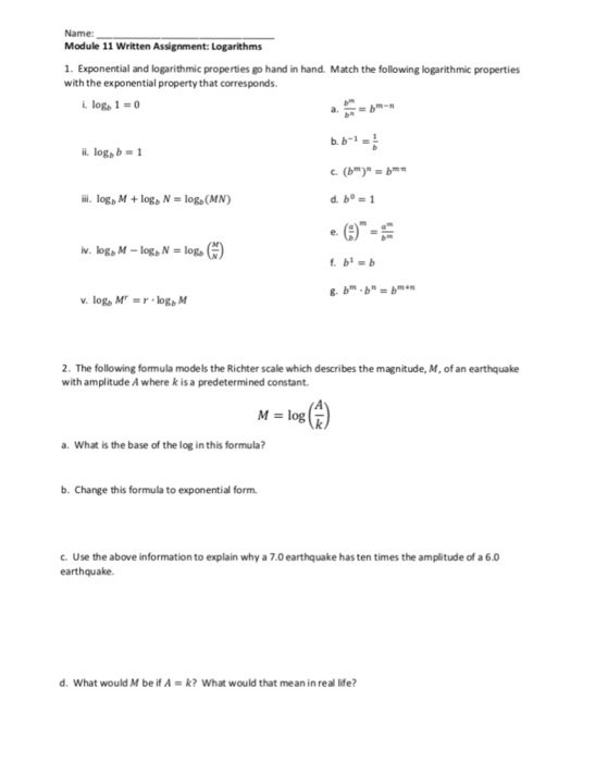 Solved Name Module 11 Written Assignment: Logarithms 1. | Chegg.com