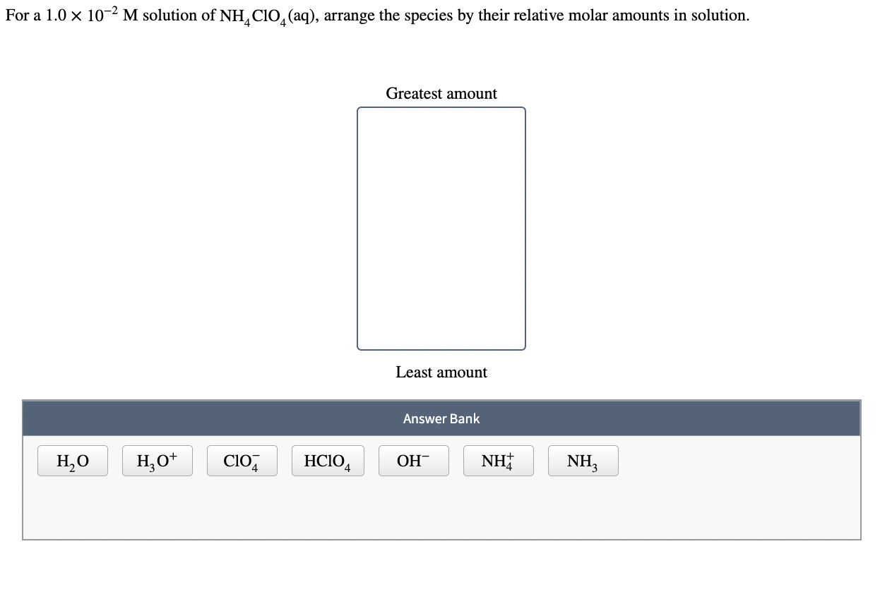 Solved For a 1.0×10−2M solution of NH4ClO4(aq), arrange the | Chegg.com