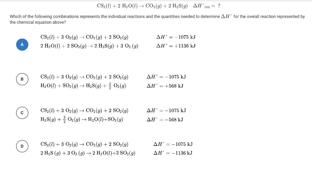 Solved CS2(1) + 2 H2O(1) CO2(g) + 2 H2S(9) AH°rxn = ? Which | Chegg.com