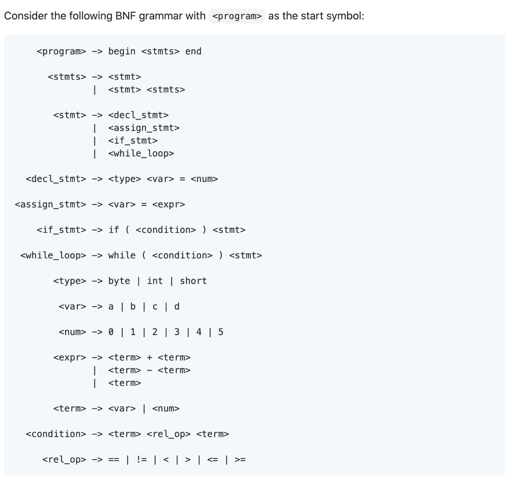 Solved Consider the following BNF grammar with as the start | Chegg.com