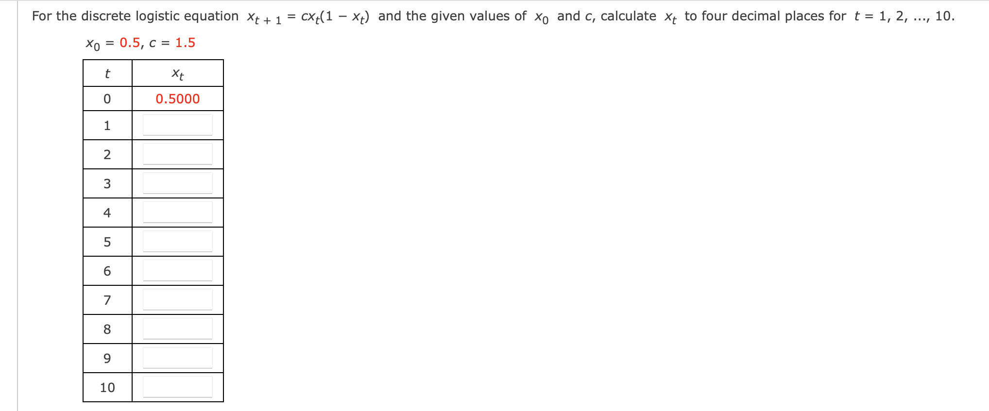 Solved For the discrete logistic equation xt+1=cxt(1−xt) and | Chegg.com