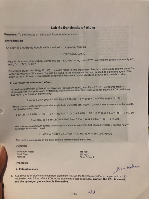 Solved Synthesis of Alum-Report Sheet Filter paper 0.2 Gg | Chegg.com