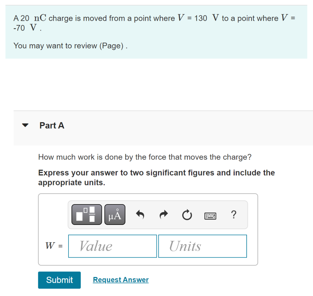 Solved A 20nC charge is moved from a point where V=130 V to | Chegg.com