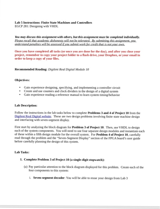 Solved Lab 5 Instructions: Finite State Machines and | Chegg.com