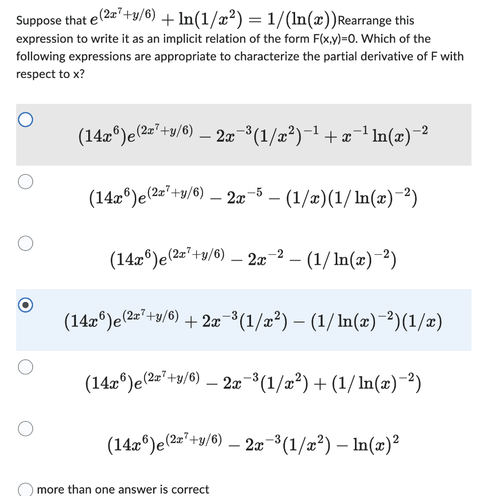 Solved Suppose that e(2x7+y/6)+ln(1/x2)=1/(ln(x)) Rearrange | Chegg.com