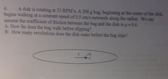 Solved 4 A disk is rotating at 33 RPM's. A 200 g bug, | Chegg.com