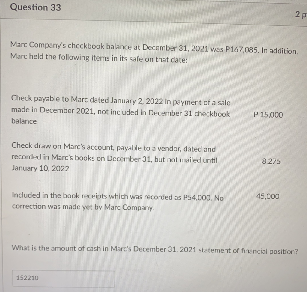 Solved Question 33 2. Marc Company's checkbook balance at | Chegg.com