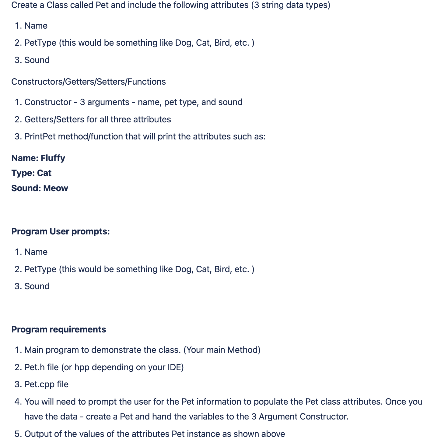 Solved Create a Class called Pet and include the following | Chegg.com